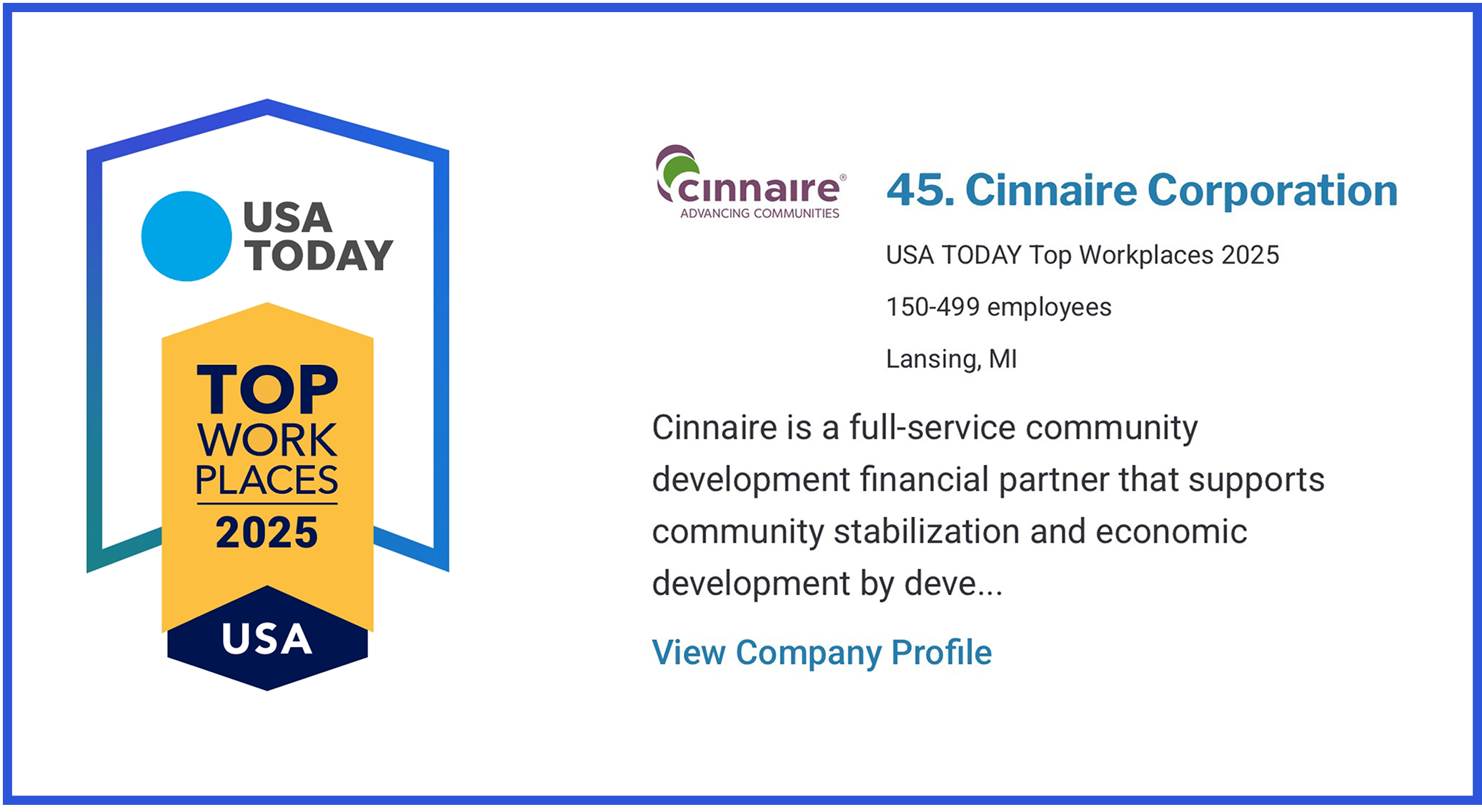 Cinnaire Recognized as a Top Workplace USA by USA TODAY - Cinnaire ...